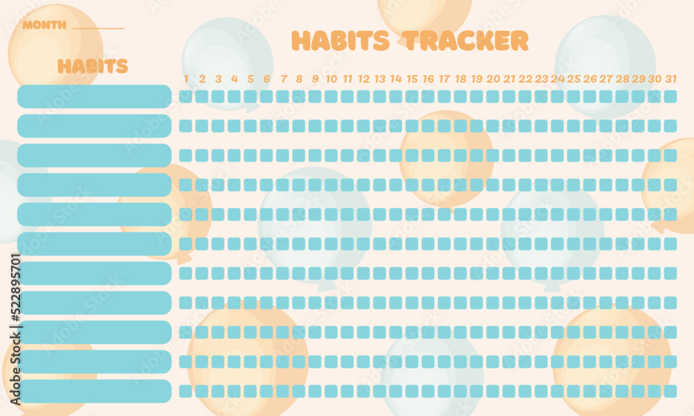 Habit Tracker with balloons. Monthly planner habit tracker blank ...