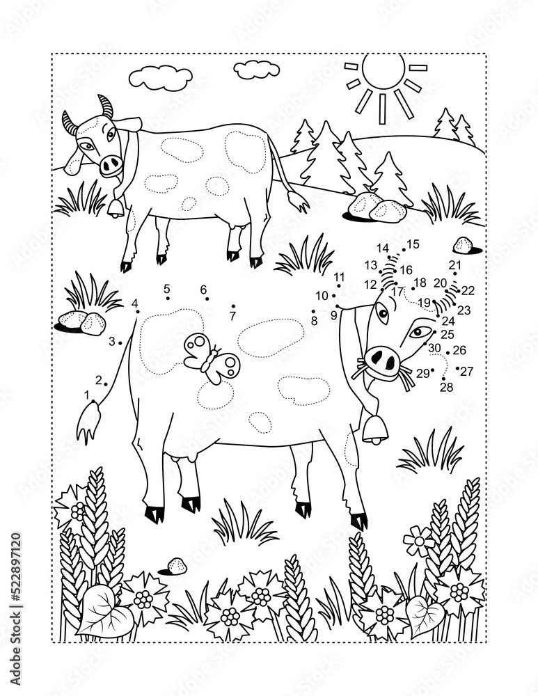 Cows dot-to-dot picture puzzle and coloring page Stock Illustration ...
