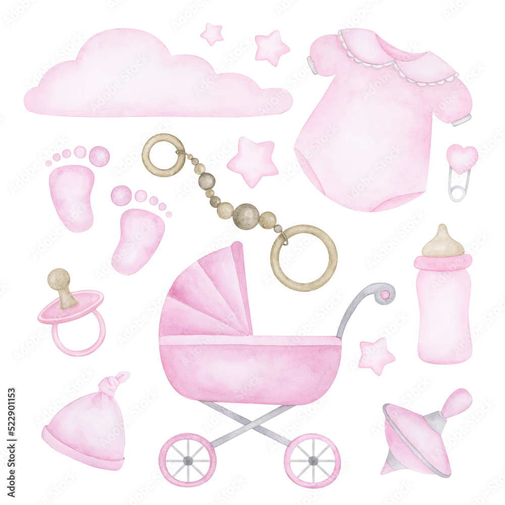 Baby girl newborn accessories clipart collection. Watercolor hand drawn ...
