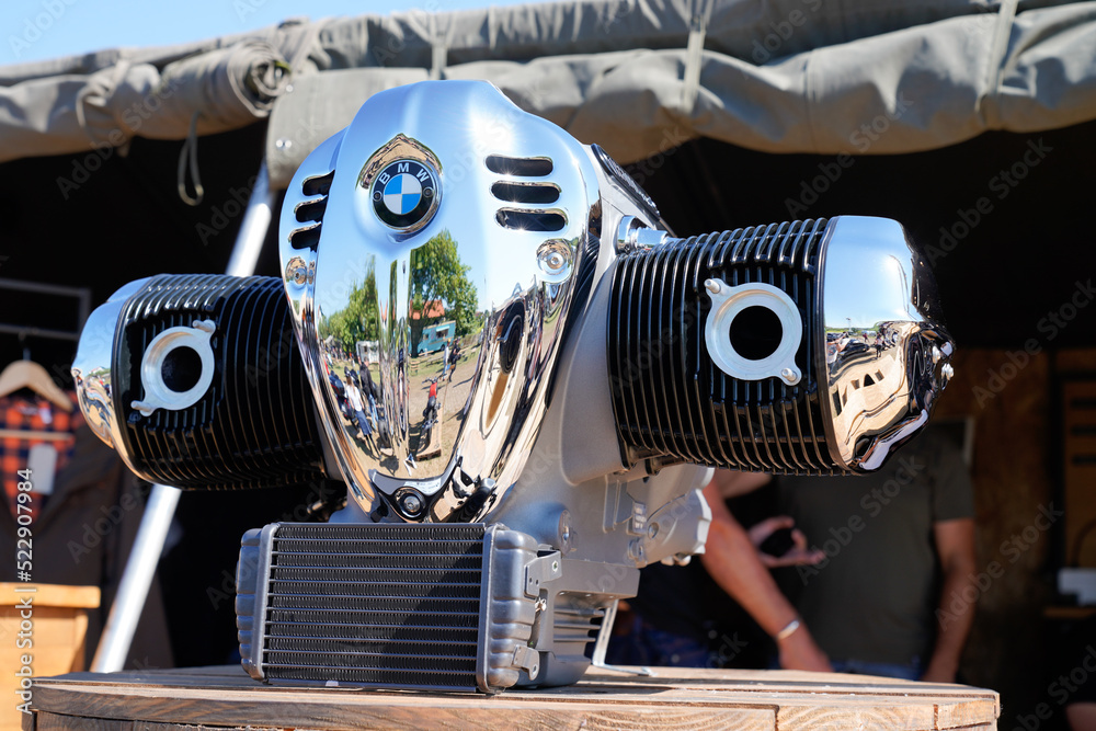 BMW r18 motorcycle chrome engine cylinder head cover in shop dealership ...