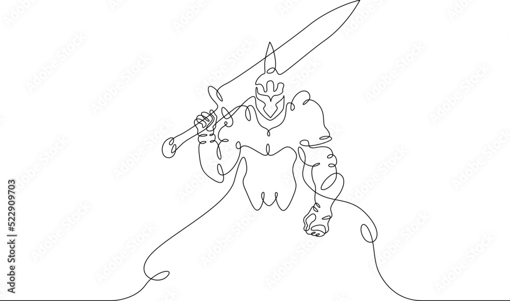 One continuous line.Medieval knight. Fantasy hero in heavy armor ...