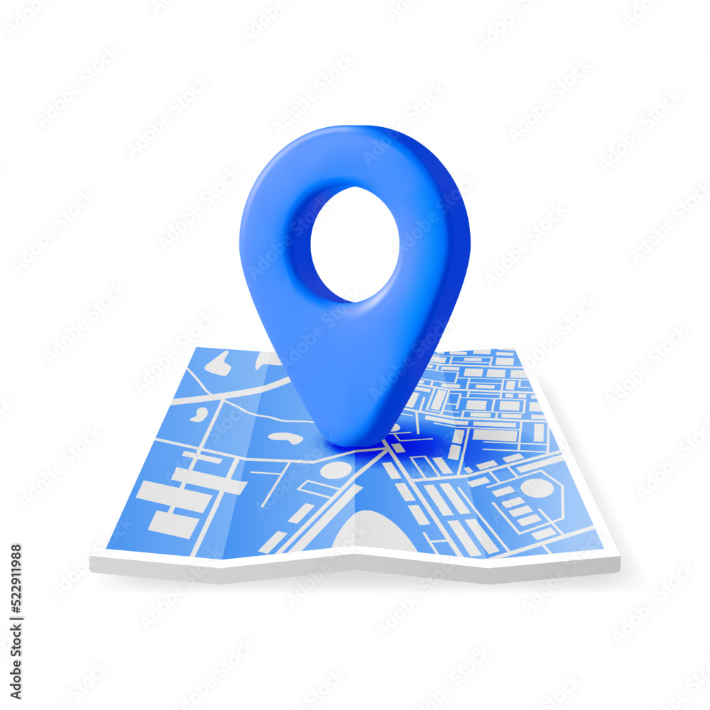 3D Location Folded Paper Map and Pin Isolated. Blue GPS Pointer Marker ...