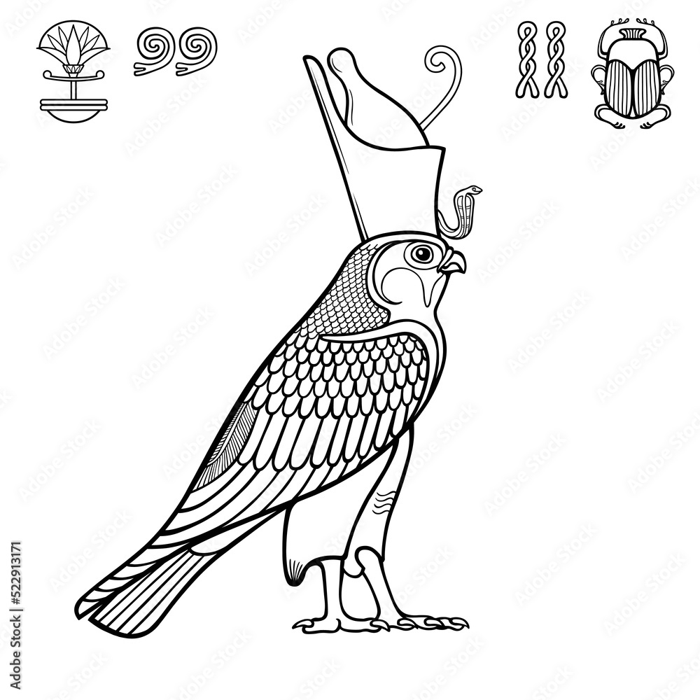 Animation monochrome drawing: sacred Egyptian Falcon bird in crown. God ...