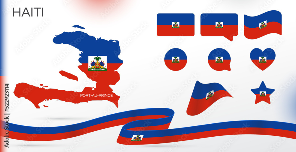 Haiti flags set. Various designs. Map and capital city. World flags. Vector set. Circle icon ...