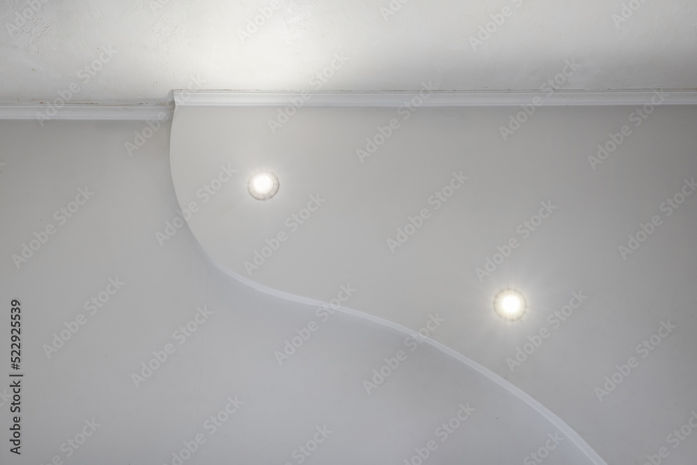 Detail of corner ceiling with intricate crown molding. Suspended ...