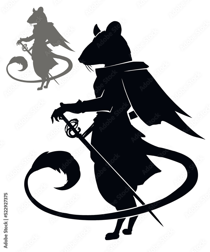 A black silhouette of a rat musketeer with a long tail like a jerboa ...