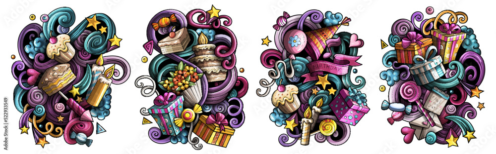 Birthday cartoon vector doodle designs set. Stock Vector | Adobe Stock