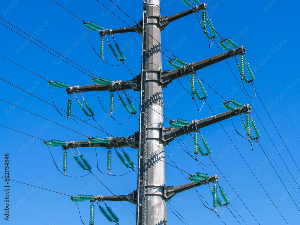 Various types of transmission line supports. Overhead power line ...