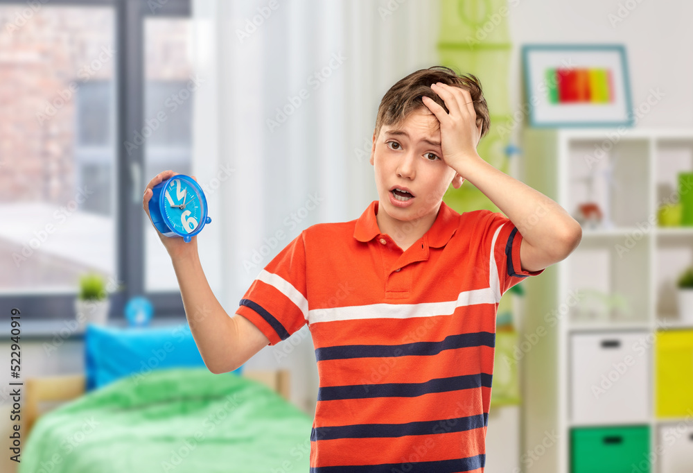 childhood, time management and people concept - portrait of boy in red ...