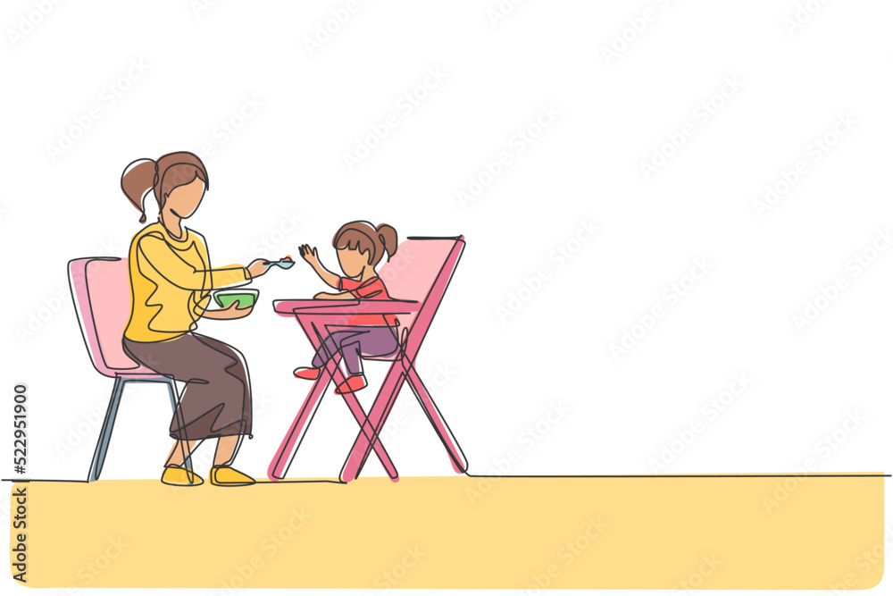 Single continuous line drawing young mom feeding her daughter a meal ...
