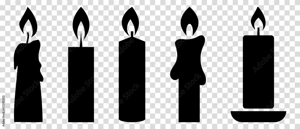 Set of black candle icons. Vector illustration isolated on transparent ...