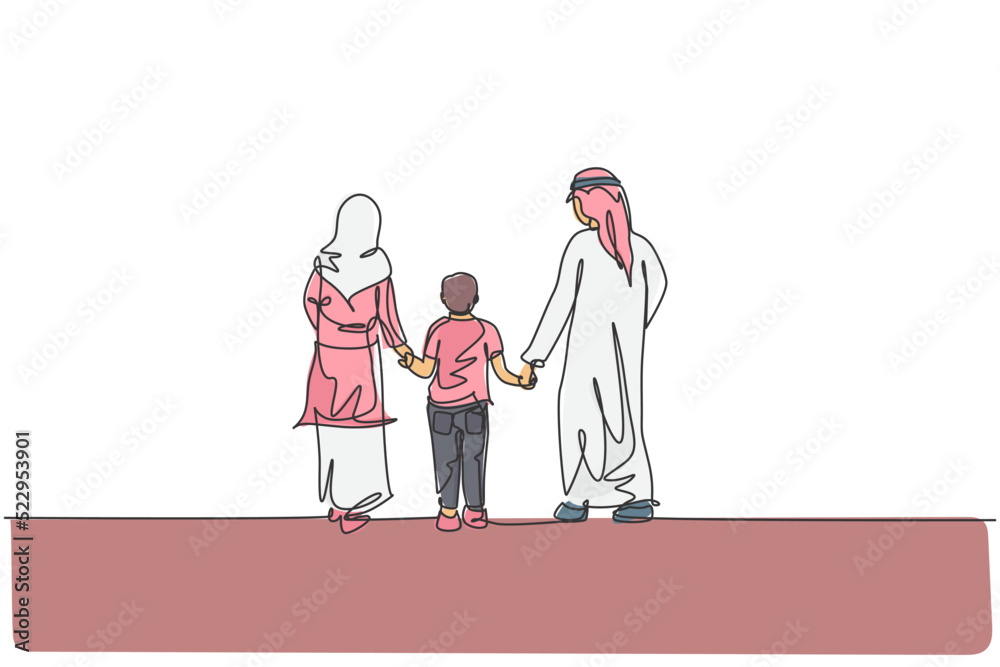 One single line drawing of young Islamic mom and dad walking together ...