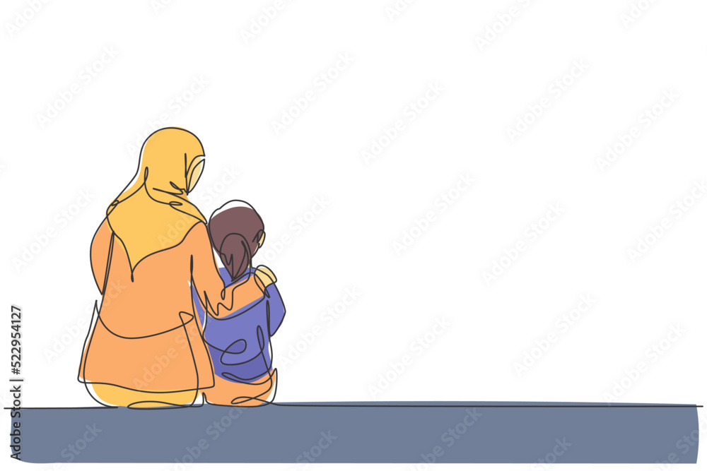 Vetor de Single continuous line drawing of young Arabian mother and her ...