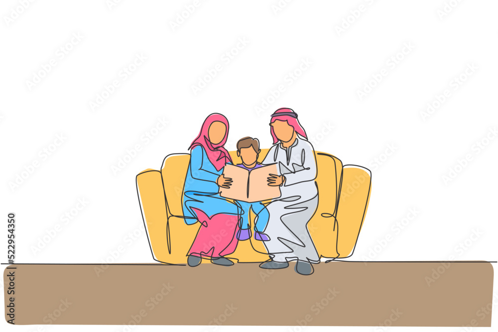 Continuous one line drawing of young Arabian parent sitting on sofa ...