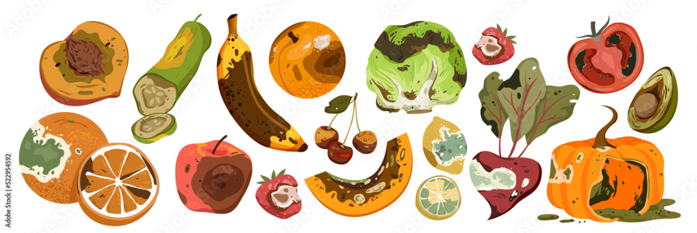 Rotten fruit and vegetables set vector illustration. Cartoon isolated ...