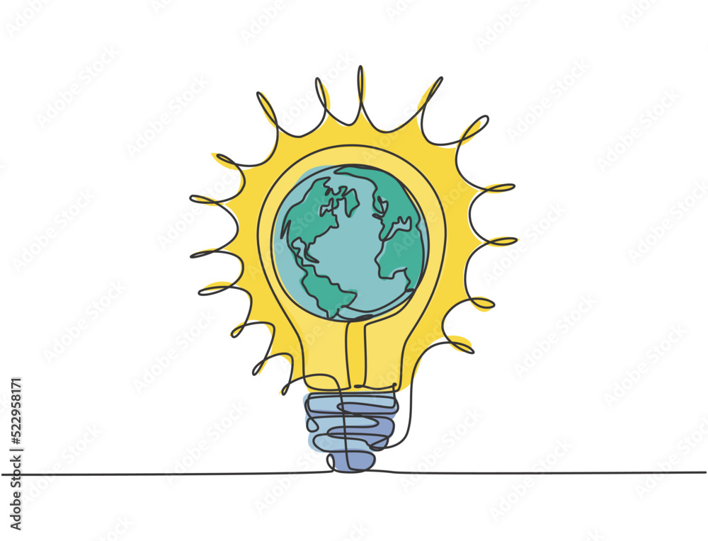 One continuous line drawing of sphere world globe inside bright shining ...