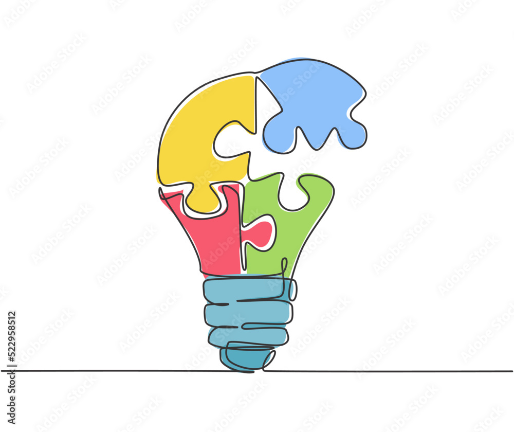 One single line drawing of light bulb with pieces of puzzles forming ...
