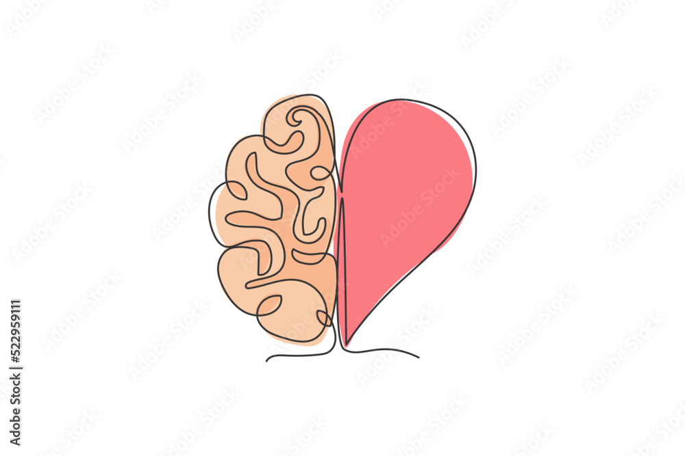 One continuous line drawing of half human brain and love heart shape ...