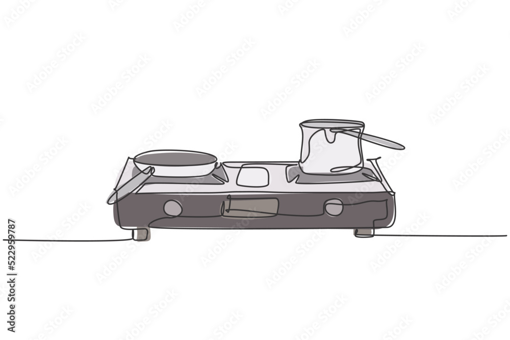 One continuous line drawing of gas stove with stainless steel pan above ...