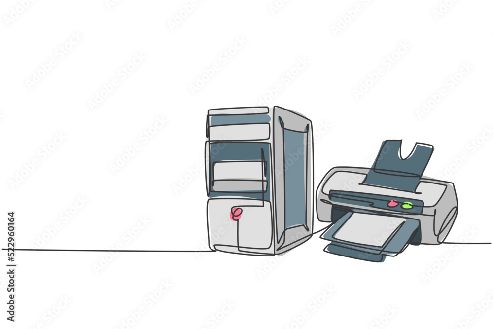 One single line drawing of cpu computer with inkjet printer for small ...