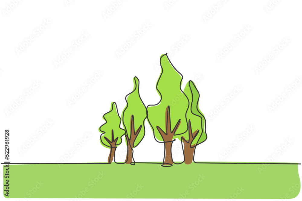 Single continuous line drawing of green frees tree for park icon ...