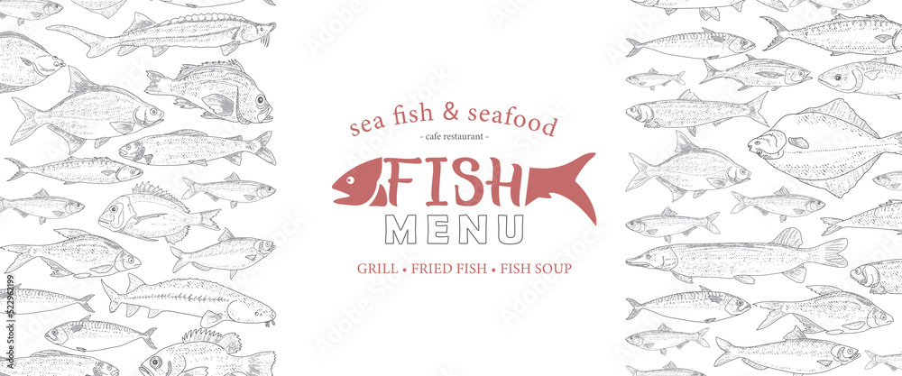 Collection of fish sketches. The menu frame consists of marine and ...