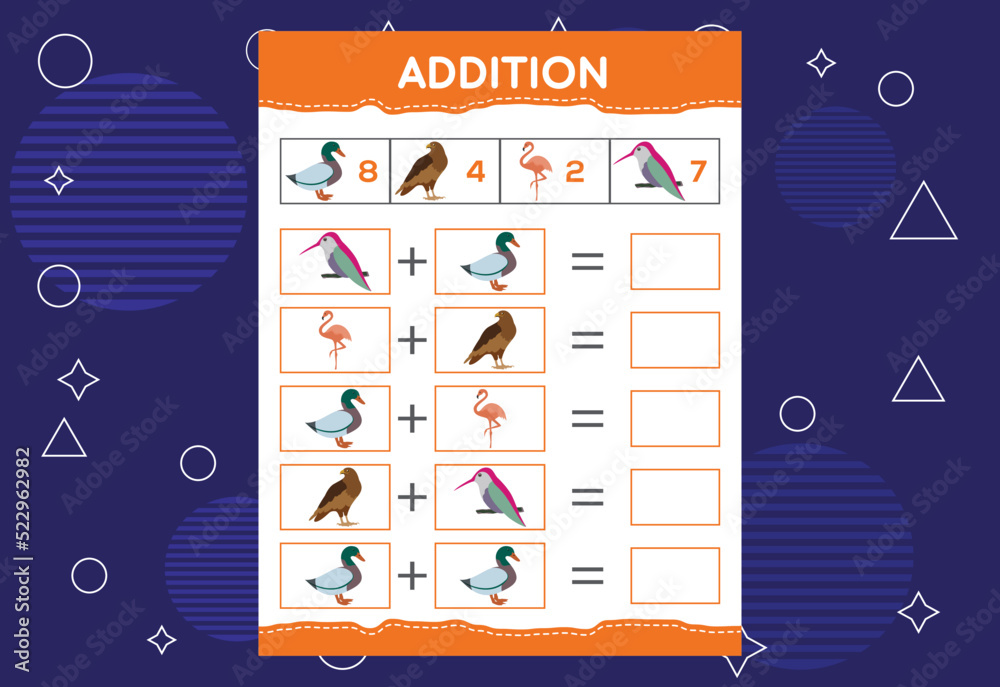 Addition with different birds for kids. An educational worksheet for ...