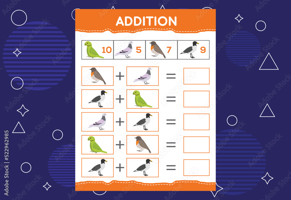 Addition with different birds for kids. An educational worksheet for ...