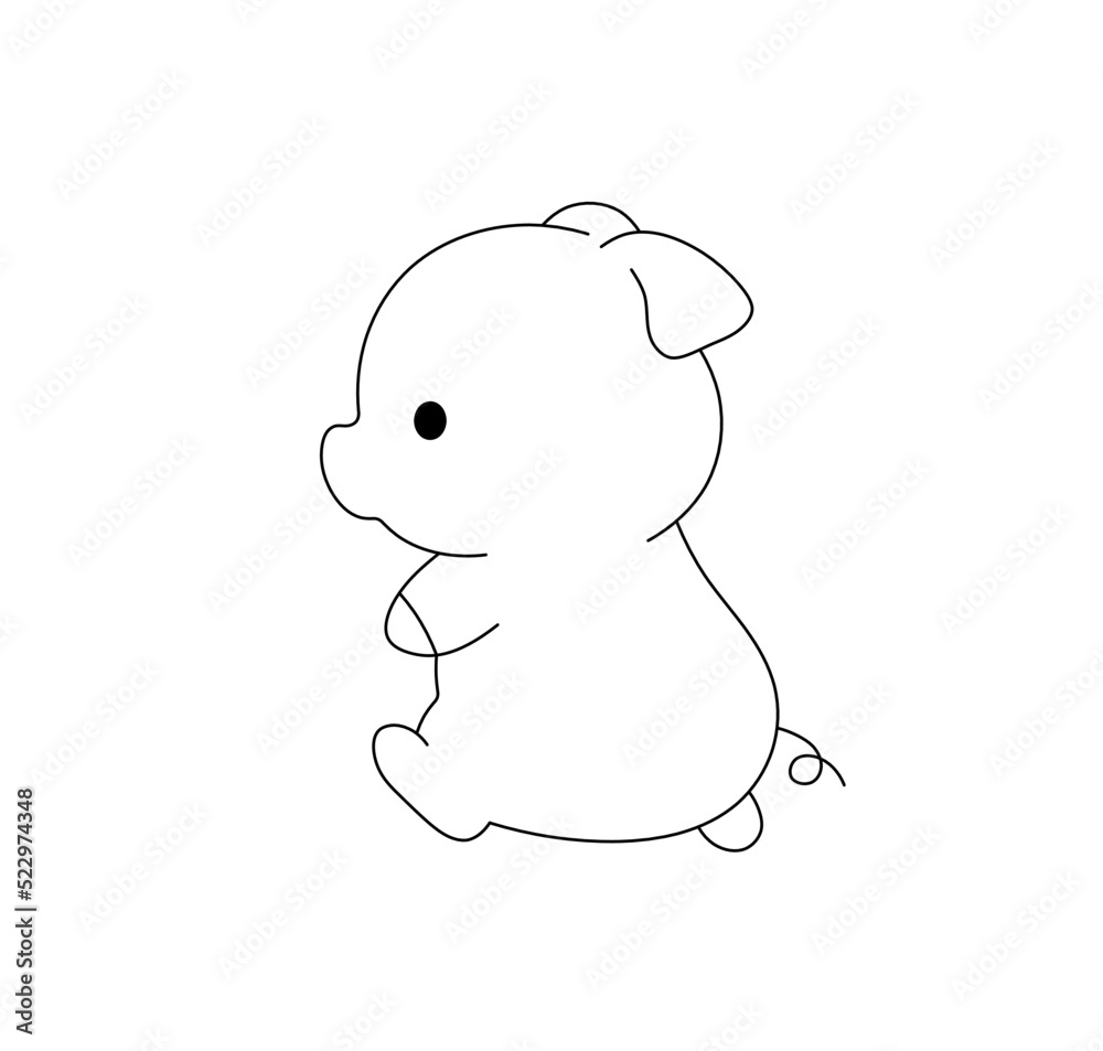 Vector isolated cute cartoon walking baby pig side view colorless black ...