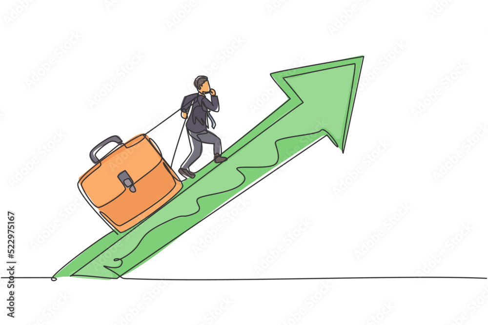 Single one line drawing of young male hard worker pulling briefcase up ...