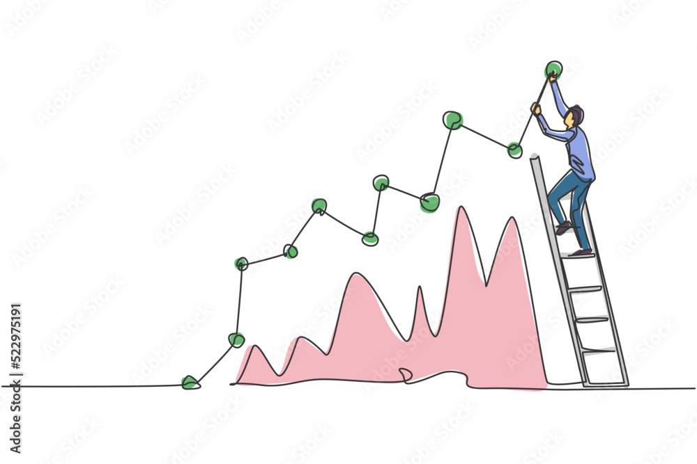 Single continuous line drawing of young business man climbing stair to ...