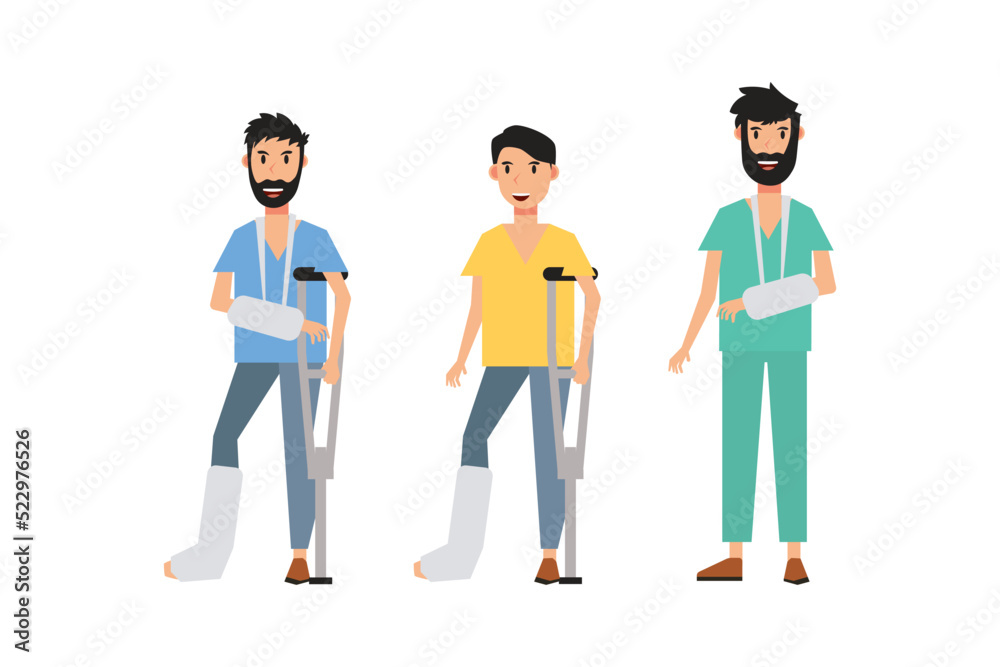set of sick people, broken arm and broken leg vector illustration ...