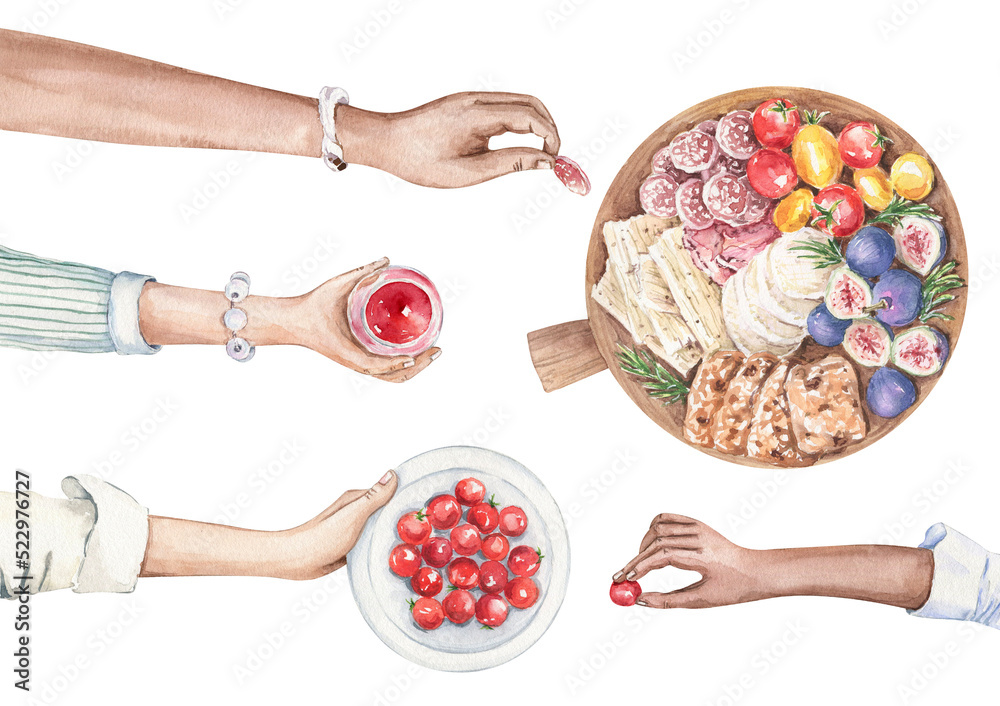 Hands holding food, red drink glass clipart. Watercolor hand drawn ...