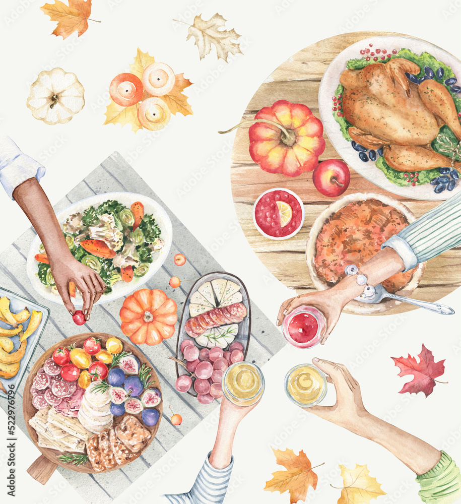 Watercolor Thanksgiving Day, festive turkey dinner table, cozy fall ...