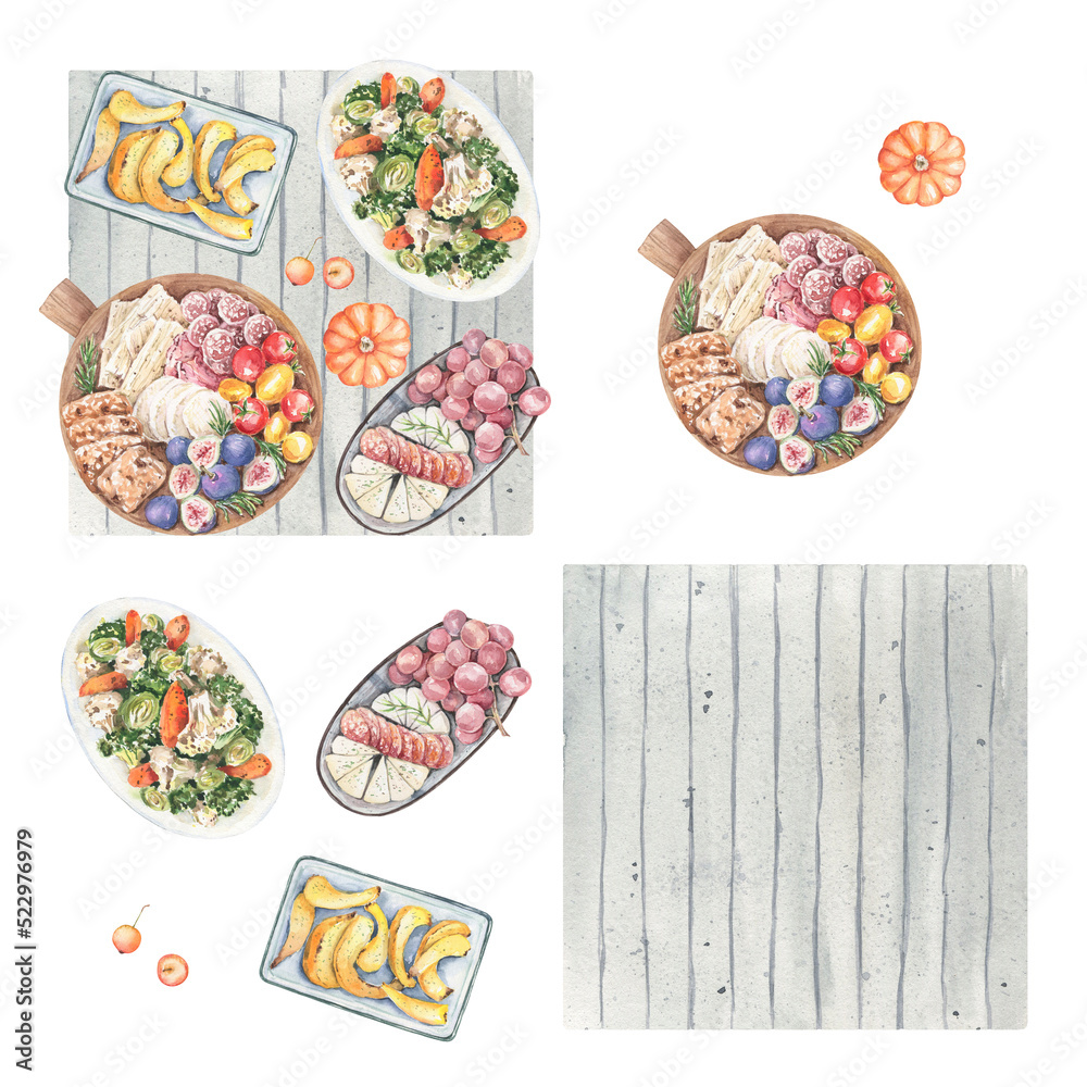 Watercolor Thanksgiving Day clipart set, dinner wooden table, cozy fall ...