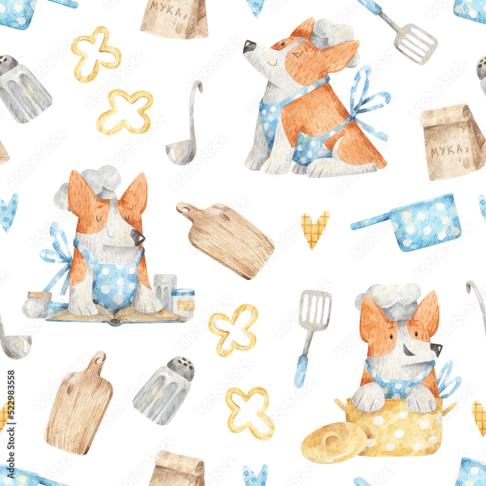 Seamless pattern with cook corgi, utensils and ingredients. Watercolor ...