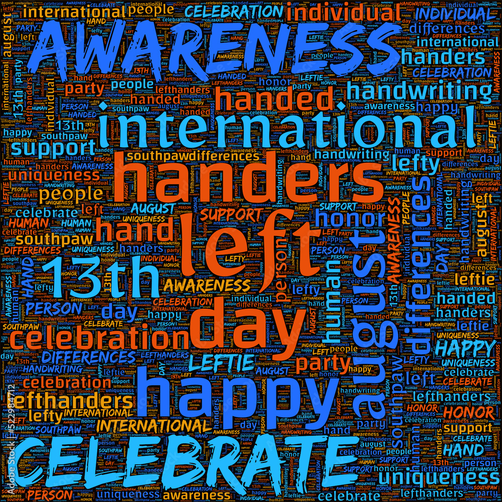 International Left-handers Day in word cloud collage illustration. Left ...