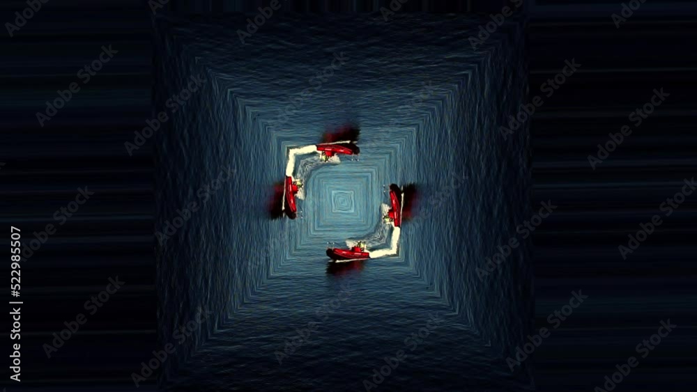 cuadrado de agua que se transforma en rombo y surge cuatro lanchas ...