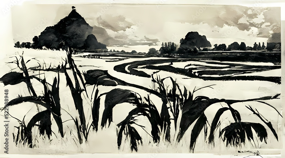 Rice field graphic black white landscape sketch illust Stock ...