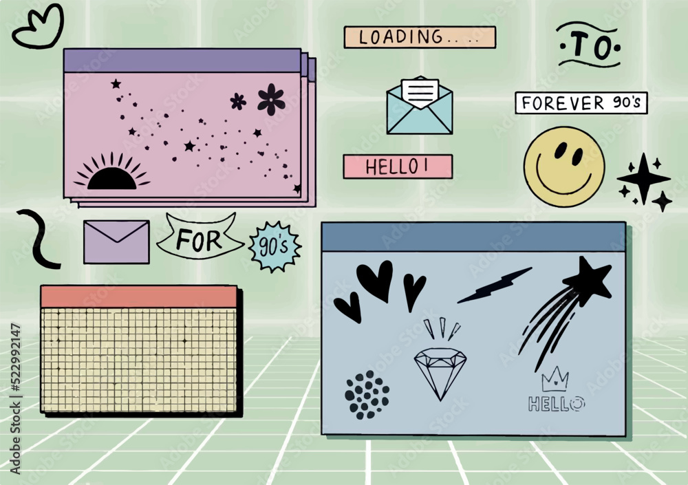 Neon old computer aestethic vector illustrations.. Retro pc elements ...