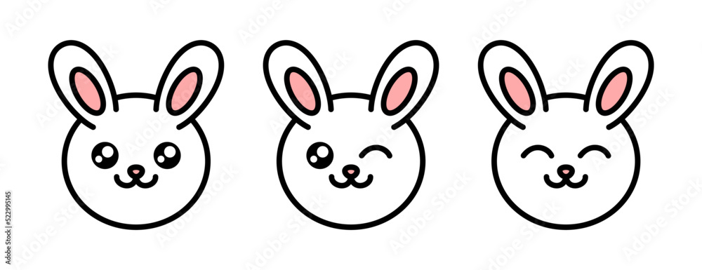 Cute white rabbit face set. Bunny emoticon smiling and winking. Kawaii ...