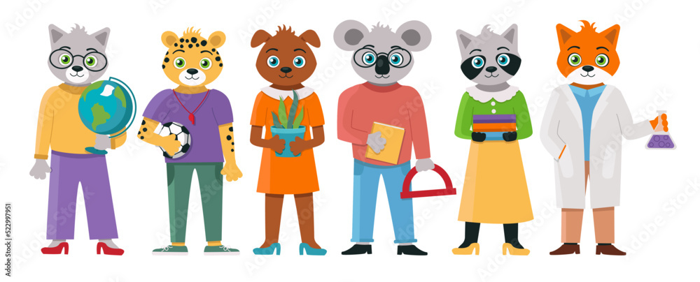 Animal teacher characters. Wolf geography teacher, jaguar gym teacher ...