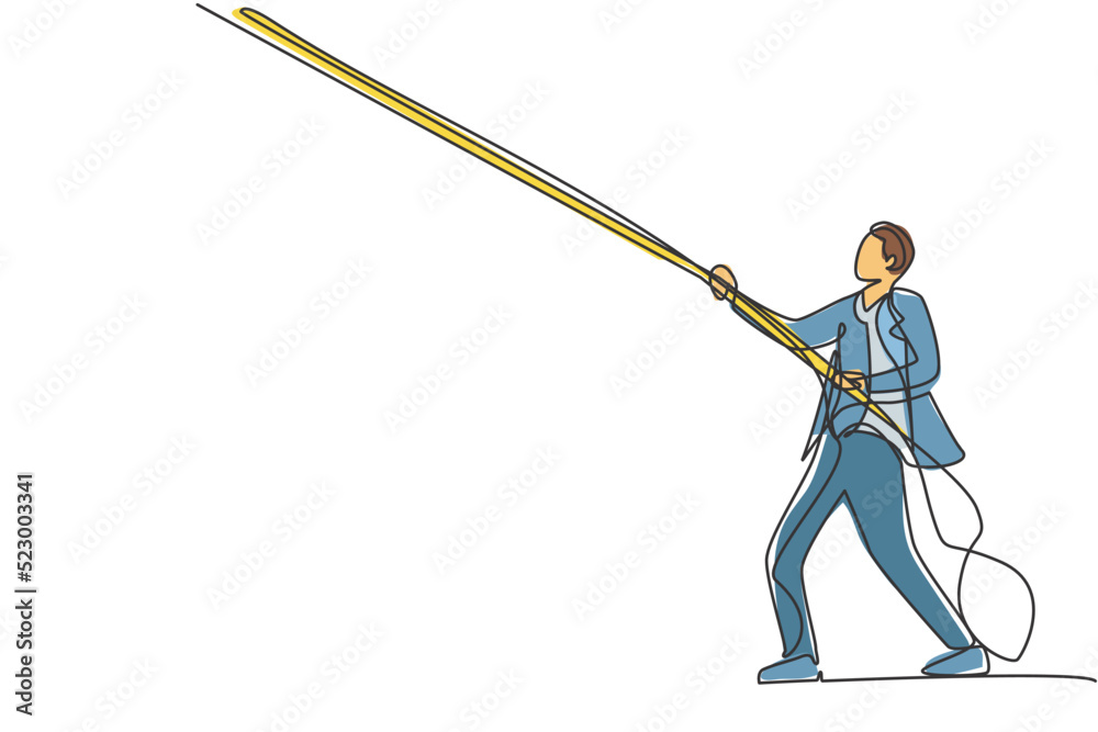 Single one line drawing of young smart male employee pull object on the ...