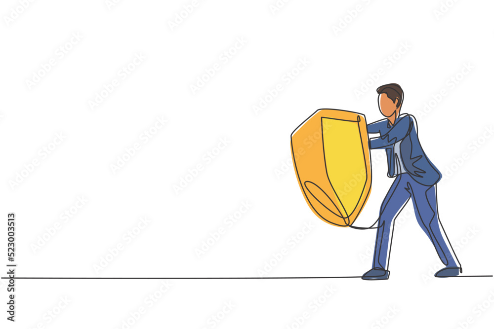 Single one line drawing of young smart male employee holding metal ...