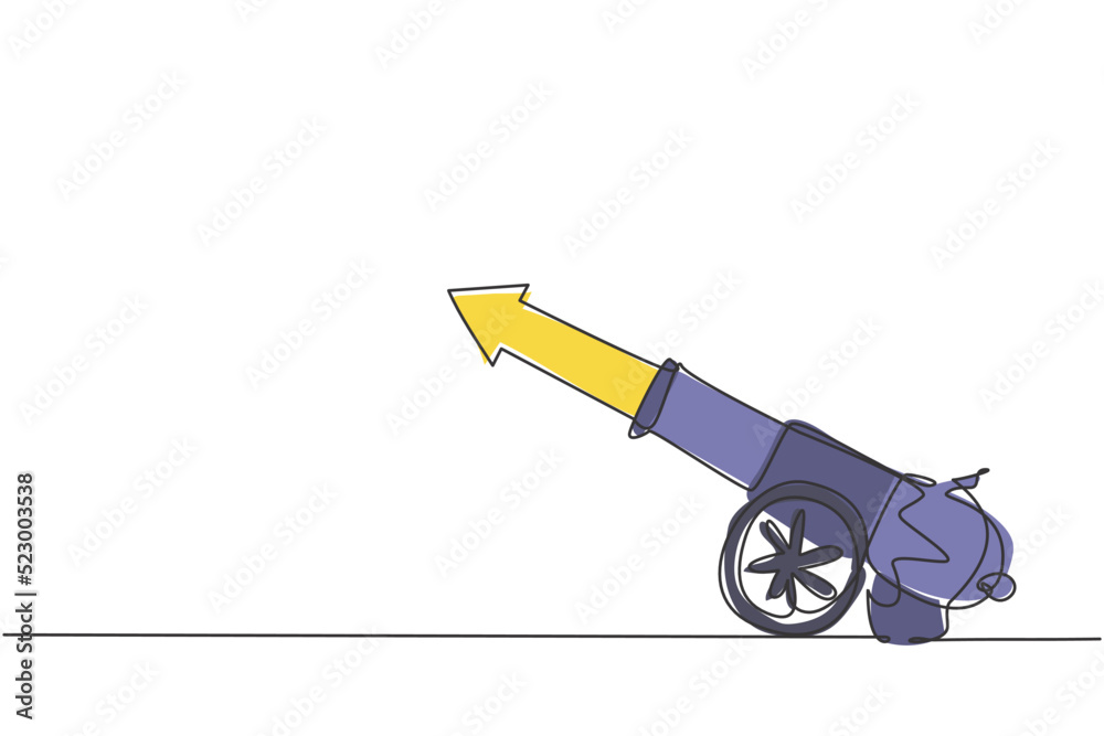 Single one line drawing of cannon ball weapon with arrow symbol bullet ...