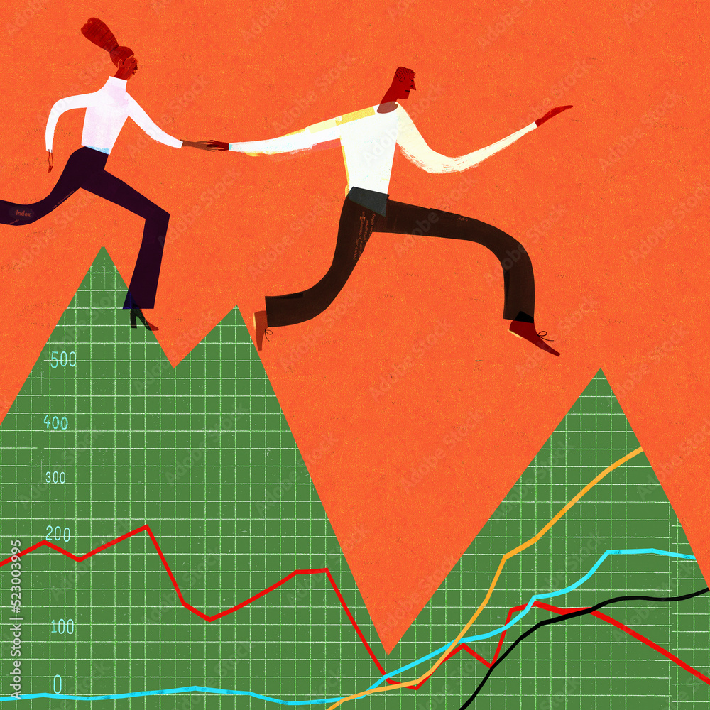Man leading woman across dip in graph Stock Illustration | Adobe Stock