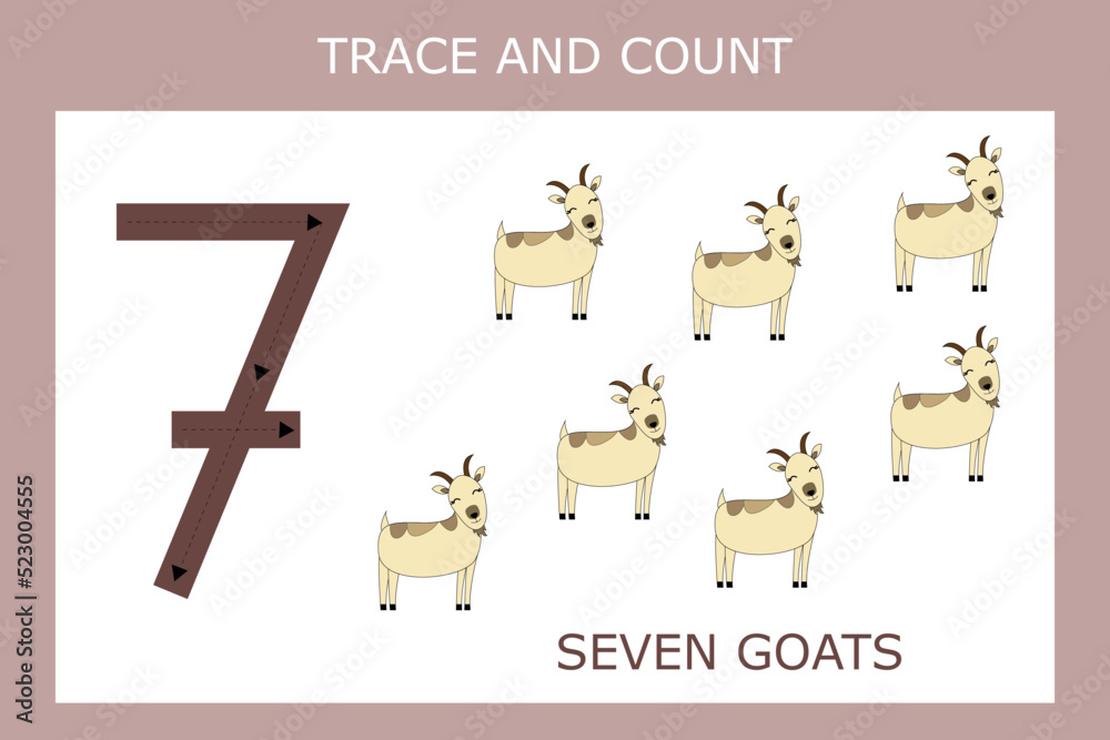 Number seven stroke worksheet with goats for fine motor skills kids ...