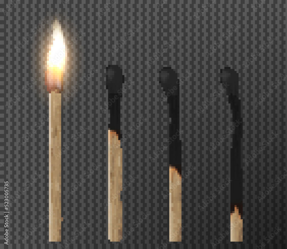 Realistic 3d match stick icon set, closeup isolated on transparent ...