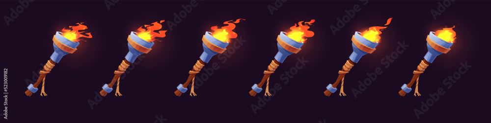 Medieval or pirate wooden torch with burning fire and flames. Animation ...
