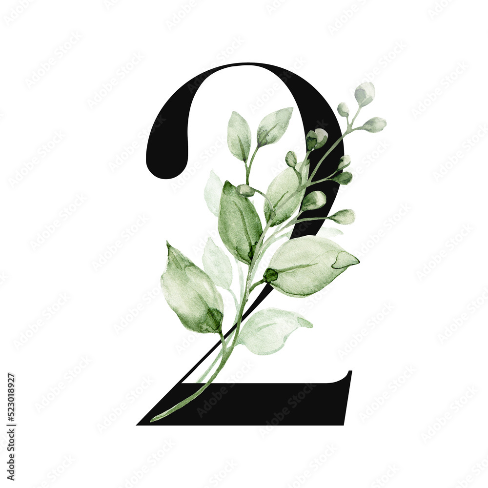 Number 2 with watercolor leaf. Perfectly for wedding invitations ...